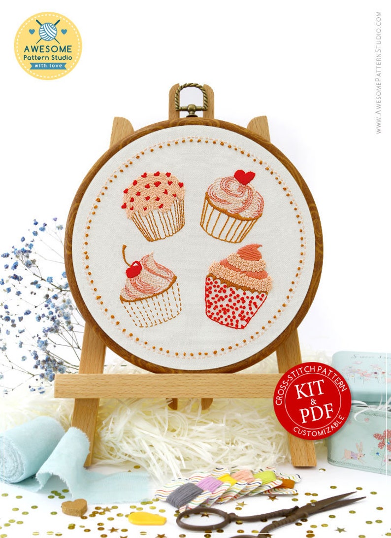 Cupcakes Embroidery EM023 Embroidery Pattern KIT and PDF | Etsy