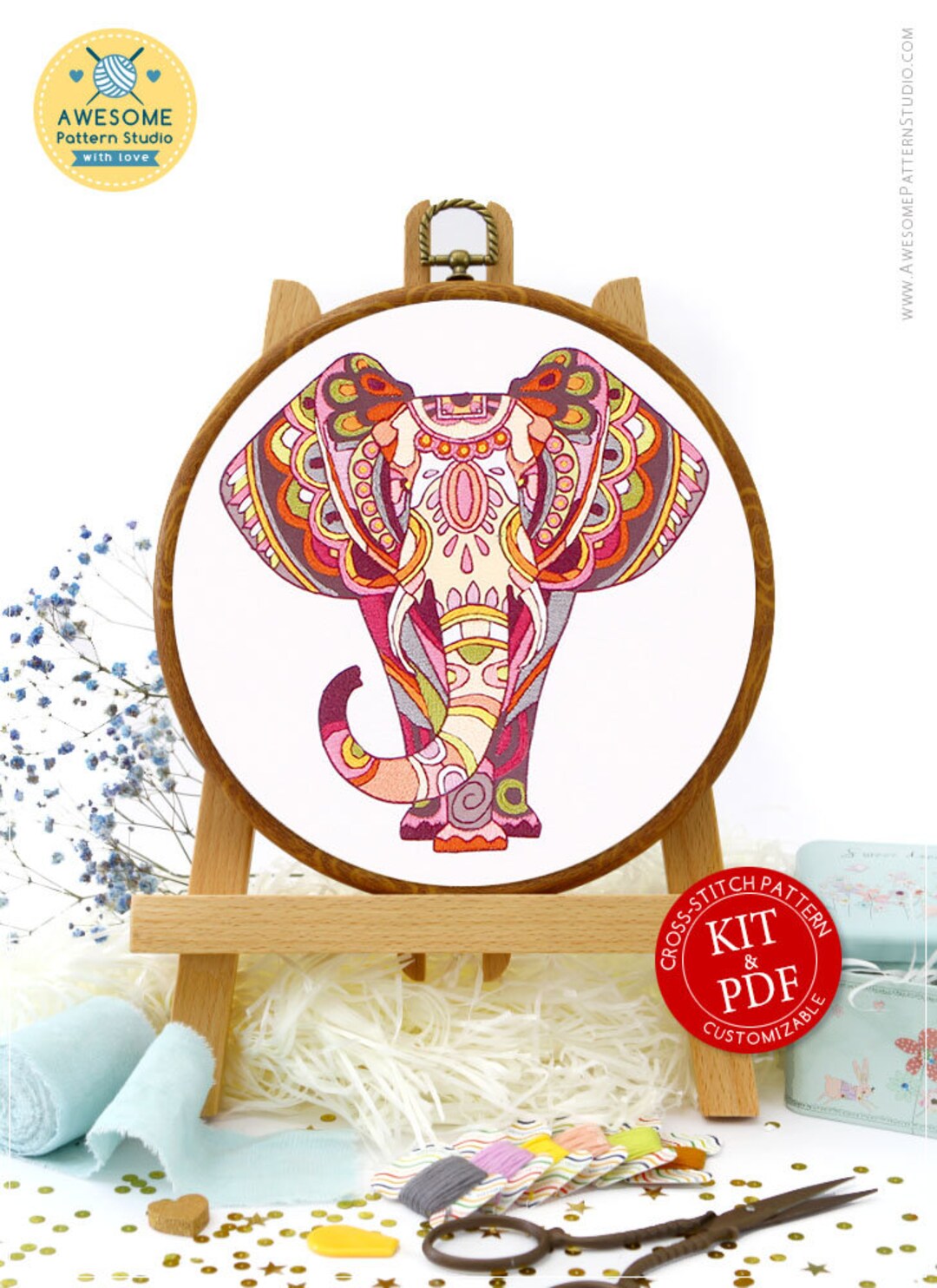 Mandala Elephant Embroidery Kit and Pattern - Boho Decor and Adult ...