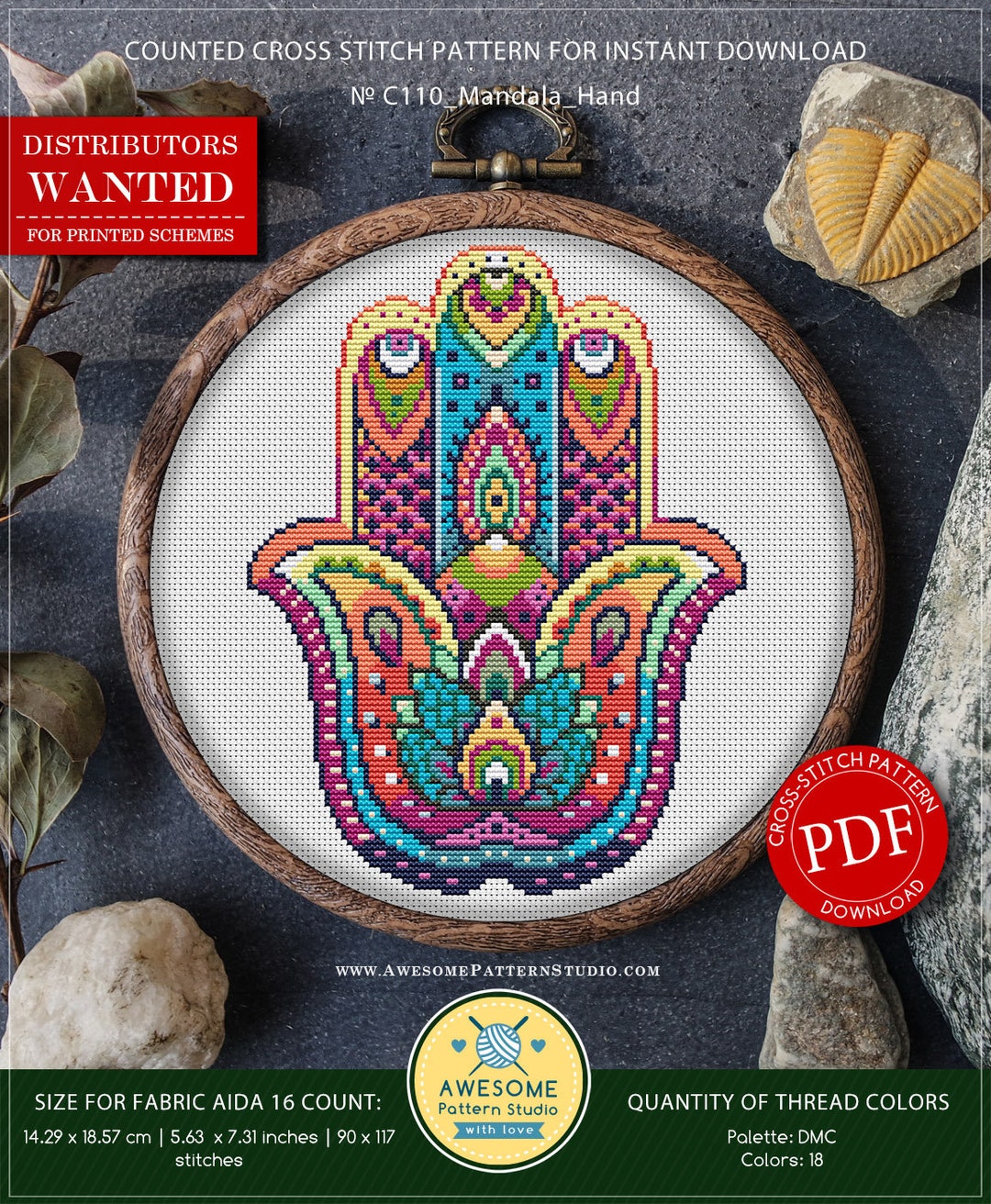 Mandala Hand #P110 Embroidery Cross Stitch Pattern Download | Cross ...