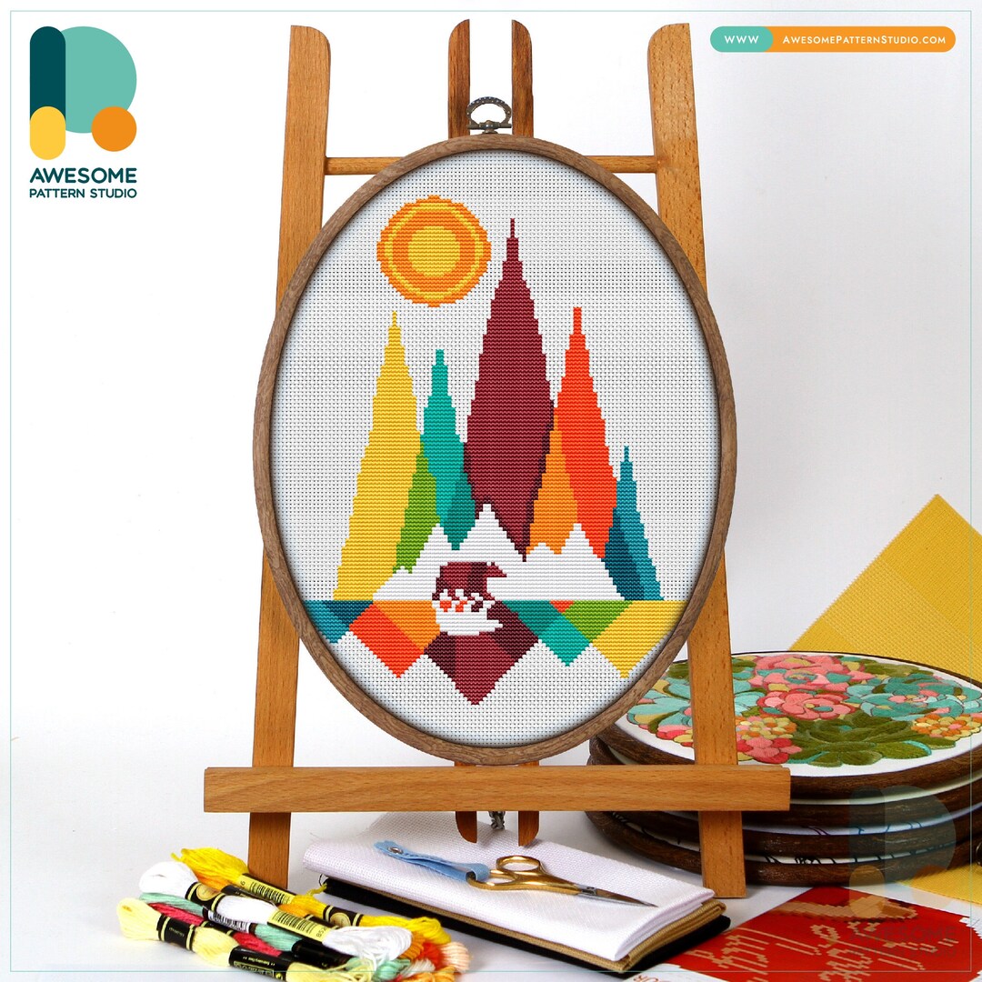Colorful Mountains Cross Stitch Pattern and Kit - Modern Needlework Art ...