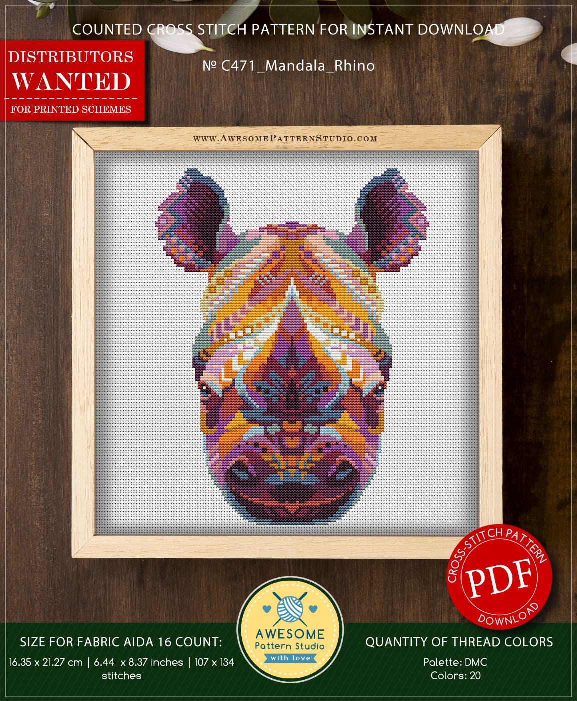 Mandala Rhino #P471 Embroidery Cross Stitch Pattern Instant Download ...