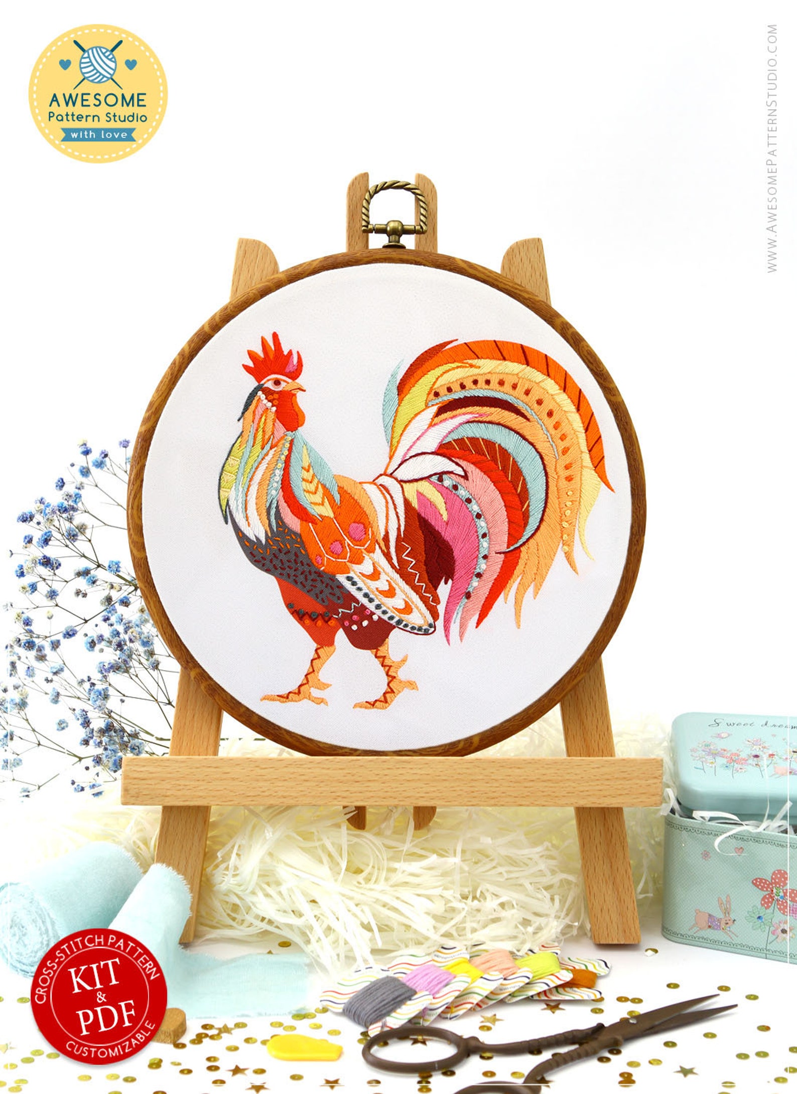 Rooster EM079 Embroidery Pattern KIT and PDF Kit Set for - Etsy
