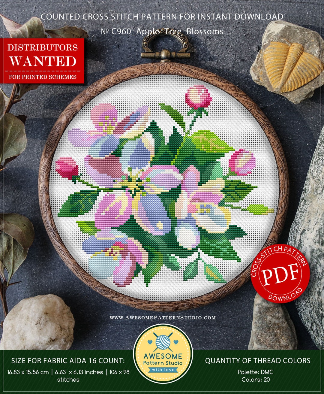 Apple Tree Blossom #P960 Cross Stitch Pattern Cross Stitch Embroidery ...