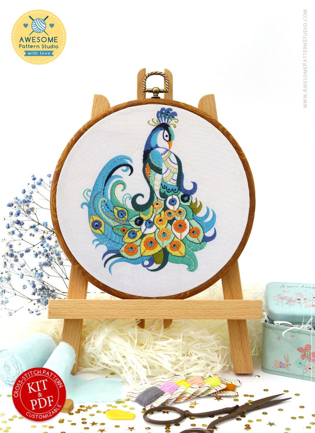 Peacock EM076, Embroidery Pattern KIT and PDF | Gift Kit | Needlepoint ...
