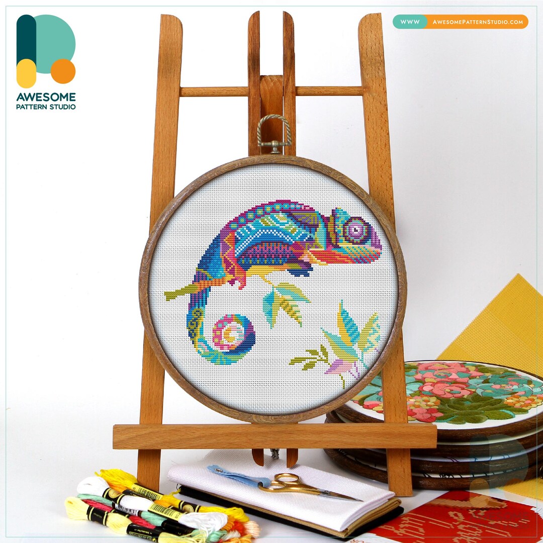 Mandala Chameleon Cross Stitch Pattern and Kit - Modern Hoop Art ...