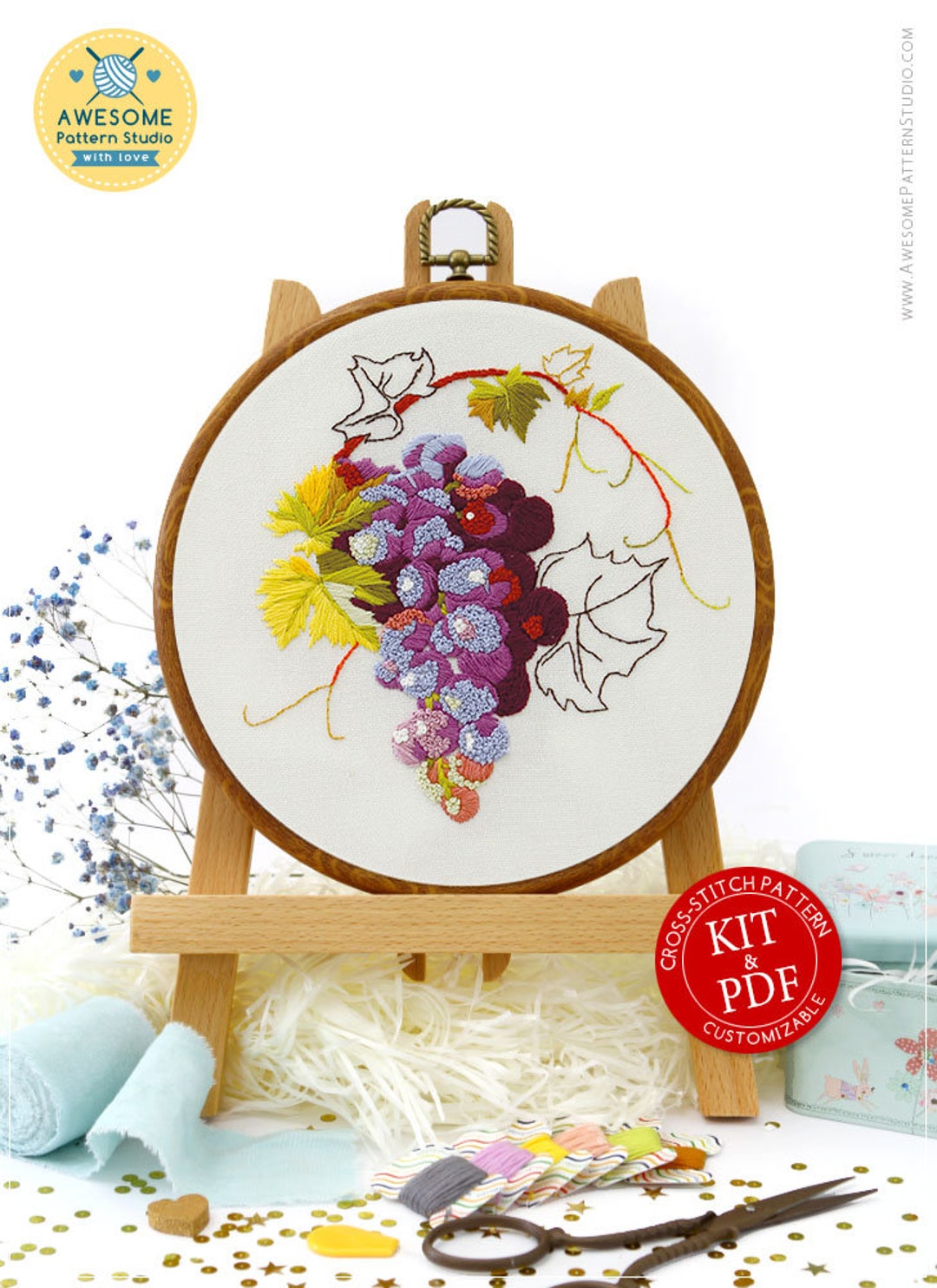 Grapes Embroidery EM014, Embroidery Pattern KIT and PDF | Hand ...