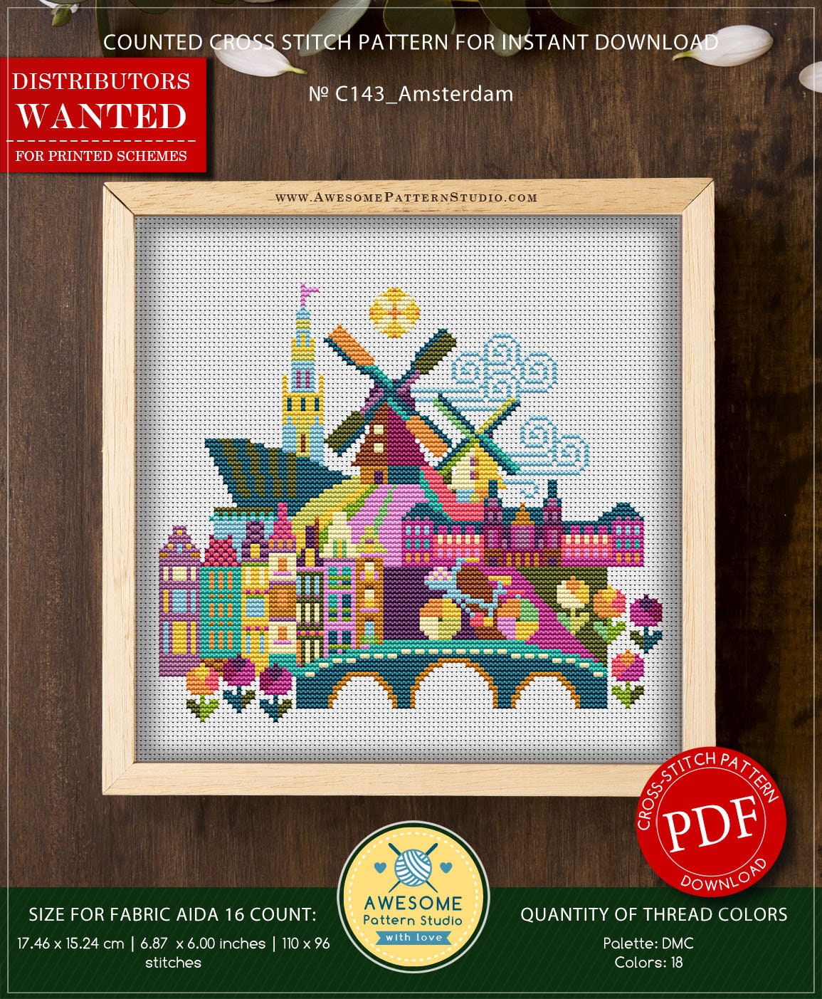 Amsterdam #P143 Cross Stitch Embroidery Pattern Download | Stitching ...