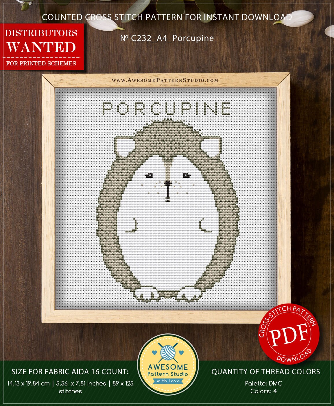 A4 Porcupine #P232 Embroidery Cross Stitch PDF Pattern Download | Cross ...