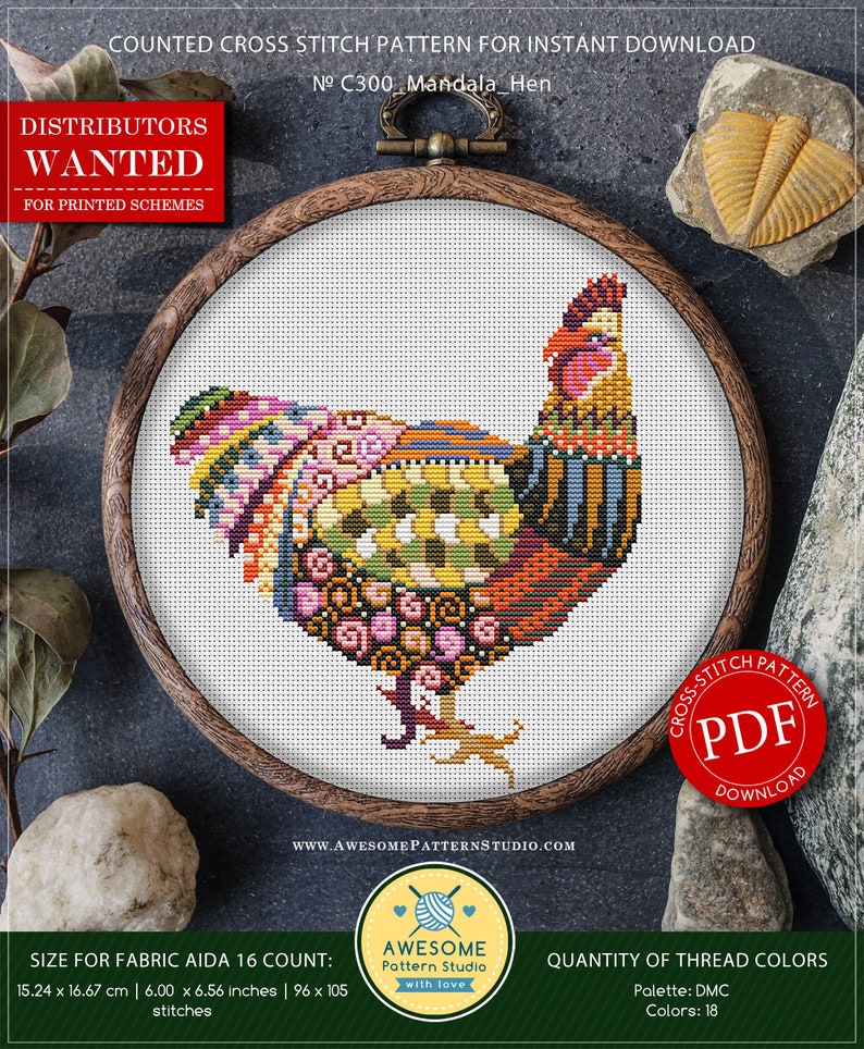 Mandala Hen #P300 Embroidery Cross Stitch Pattern Instant Download ...