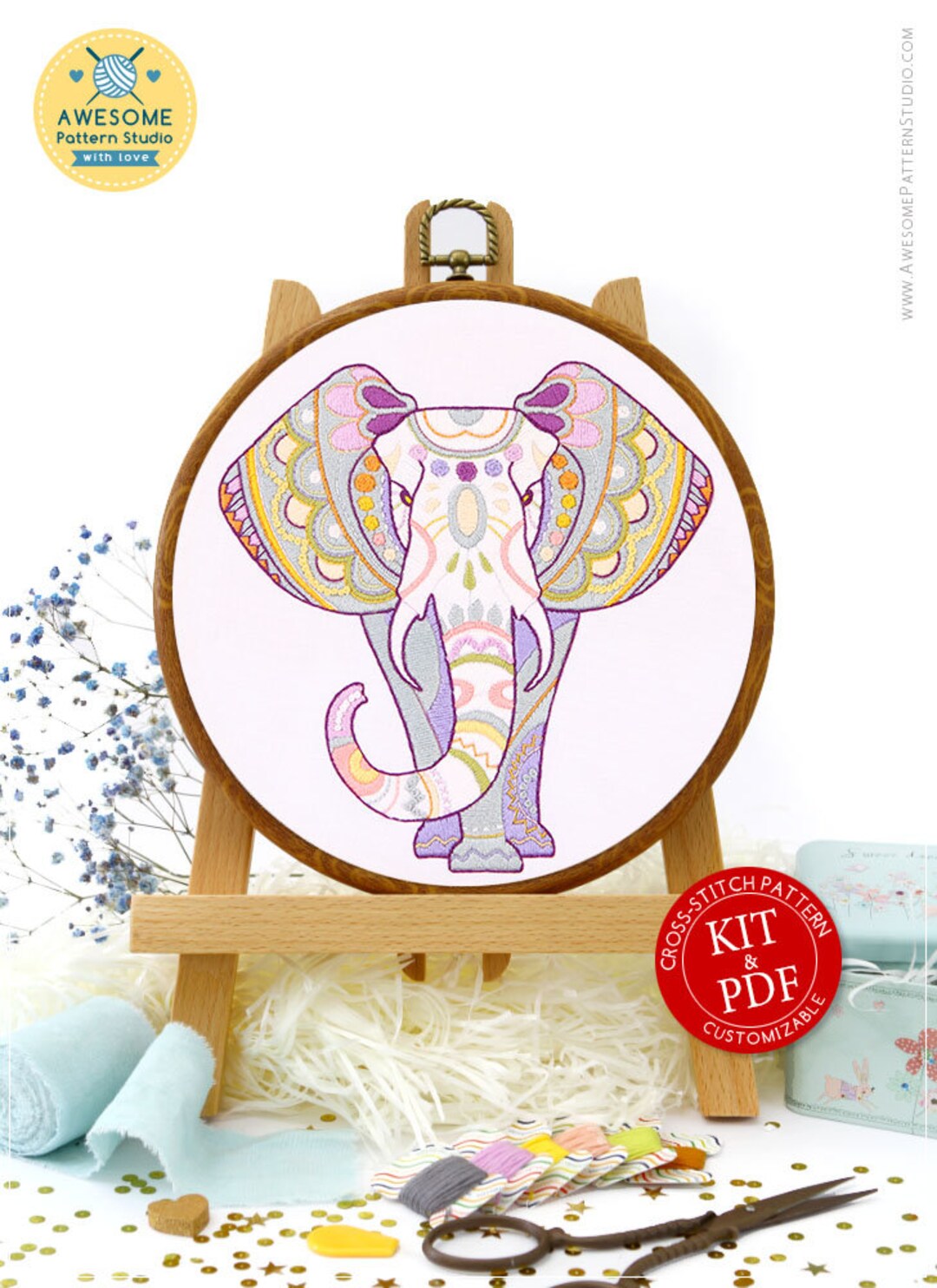 Mandala Elephant Embroidery Kit and Pattern - Boho Decor and Adult ...