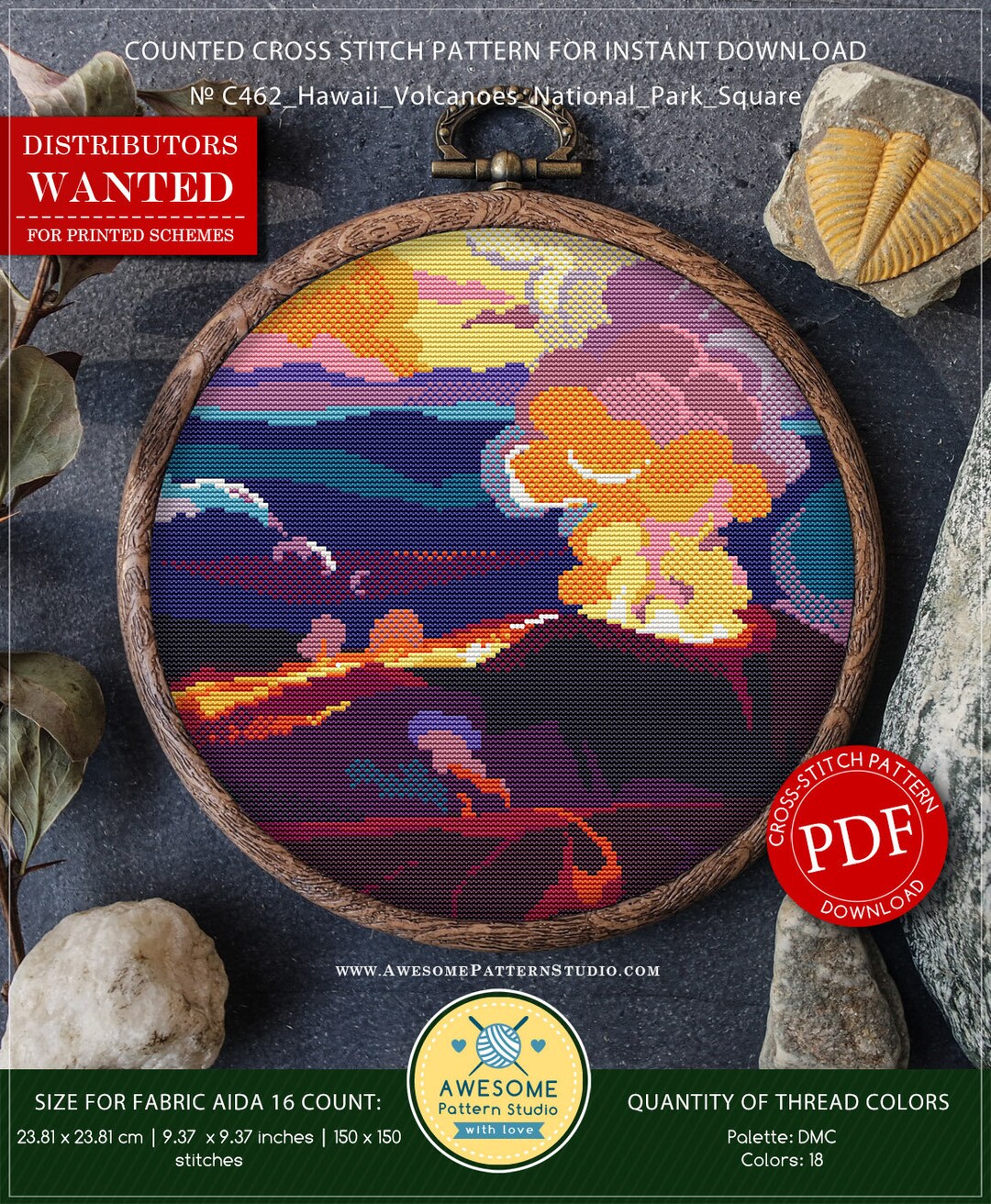 Hawaii Volcanoes National Park #P462 Cross Stitch Embroidery Pattern ...