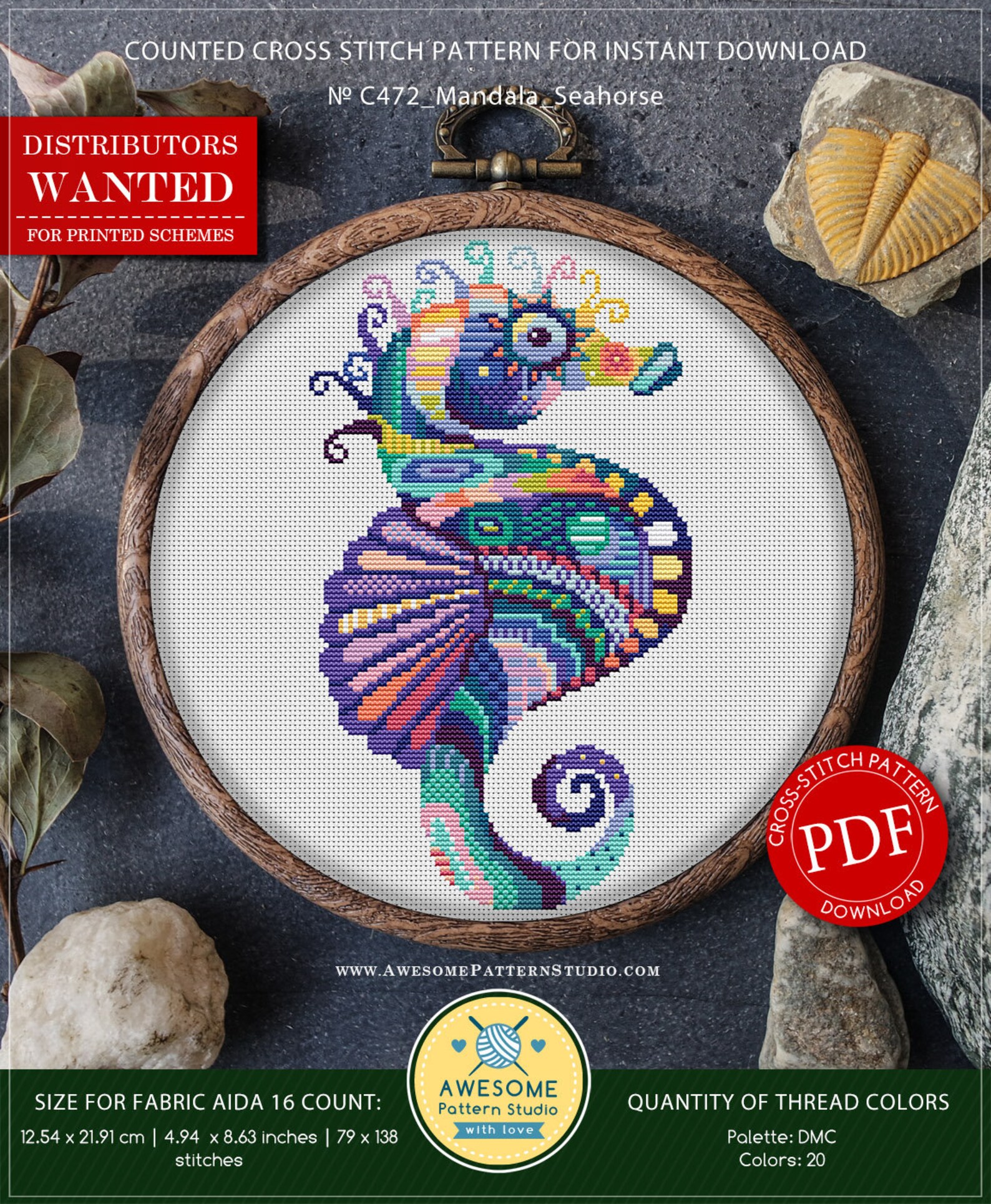 Mandala Seahorse #P472 Embroidery Cross Stitch Pattern Instant Download ...
