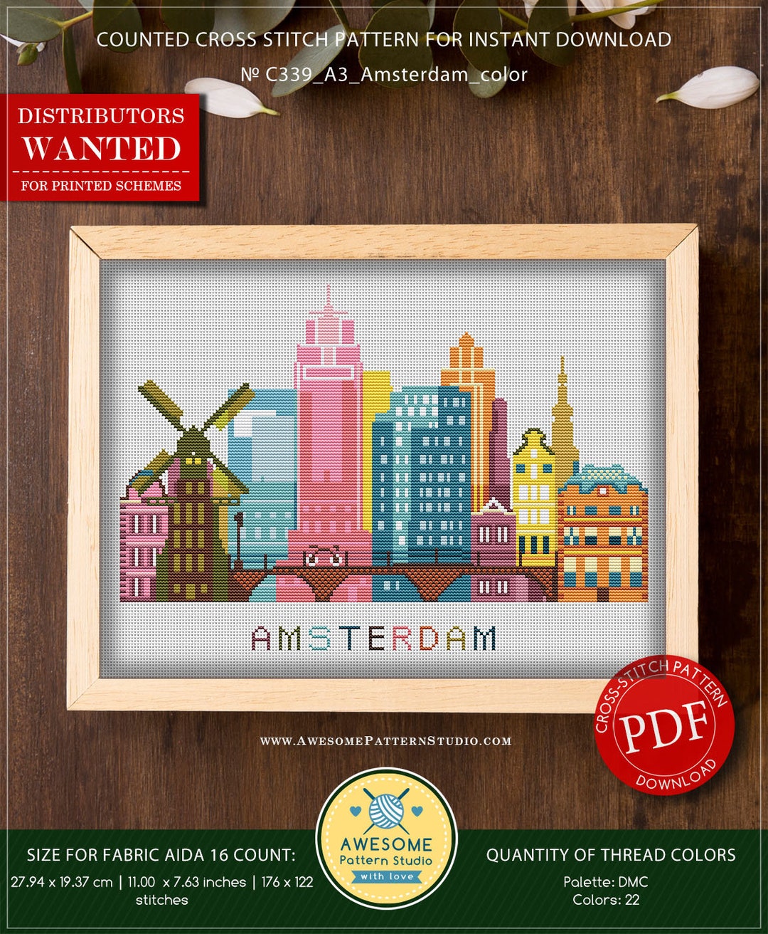 A3 Amsterdam Color #P339 Cross Stitch Embroidery Pattern Download ...