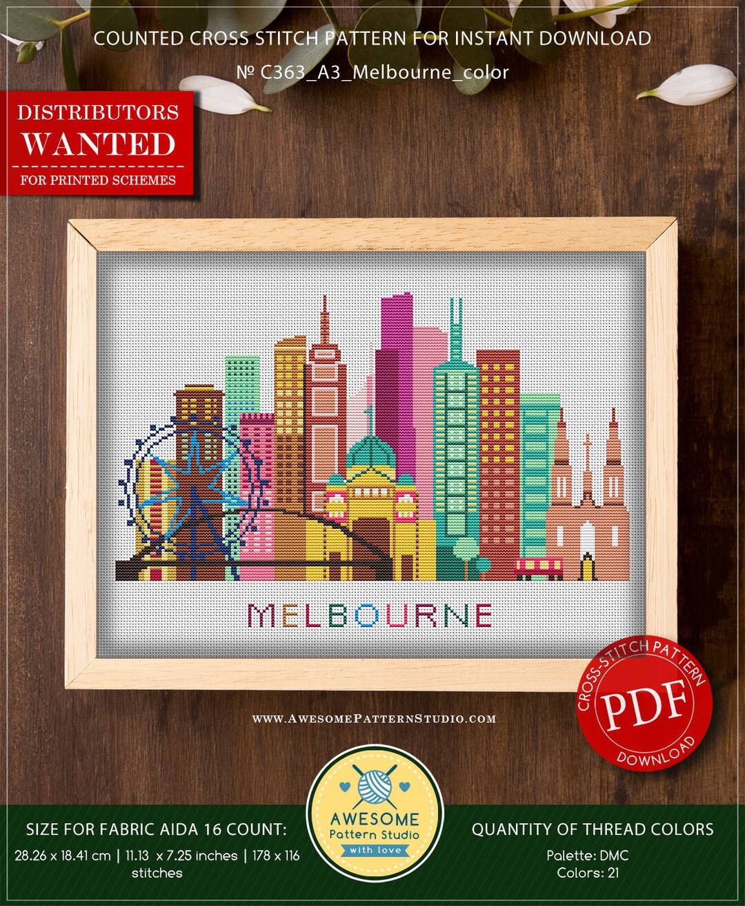 A3 Melbourne Color #P363 Cross Stitch Embroidery PDF Pattern Download ...