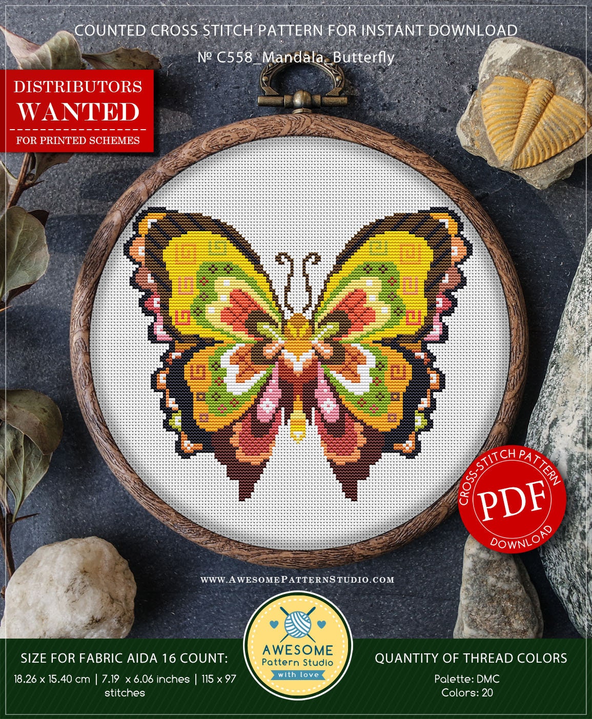 Mandala Butterfly P558 Cross Stitch Embroidery Pattern | Etsy
