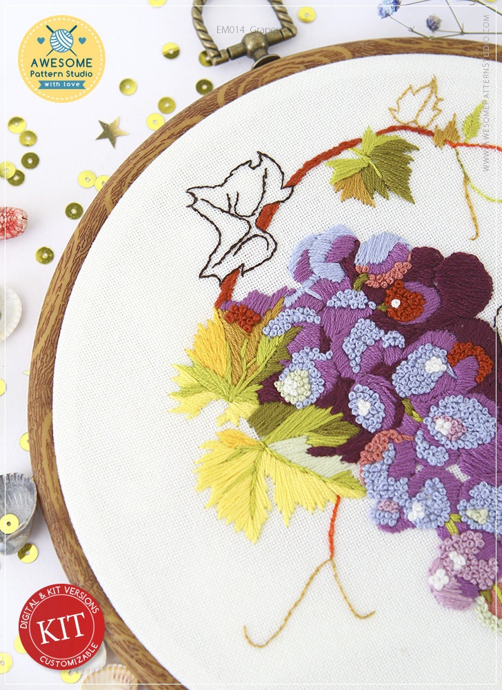 Grapes Embroidery EM014 Embroidery Pattern KIT and PDF Hand | Etsy