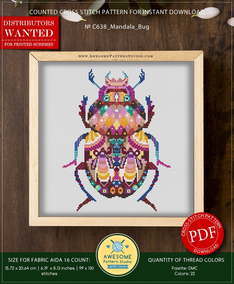 Mandala Bug P638 Cross Stitch Embroidery PDF Pattern Download - Etsy