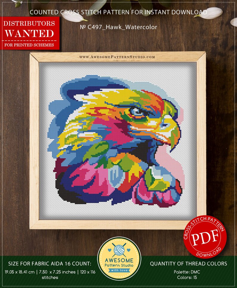 Hawk Watercolor P497 Embroidery Cross Stitch Pattern Download - Etsy