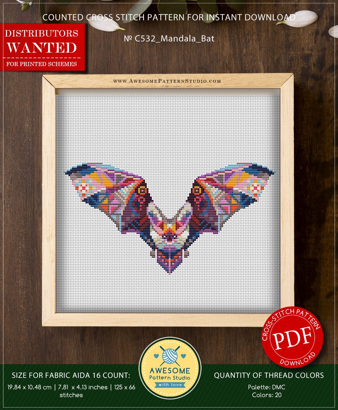 Mandala Bat P532 Embroidery Cross Stitch PDF Pattern Download - Etsy Canada