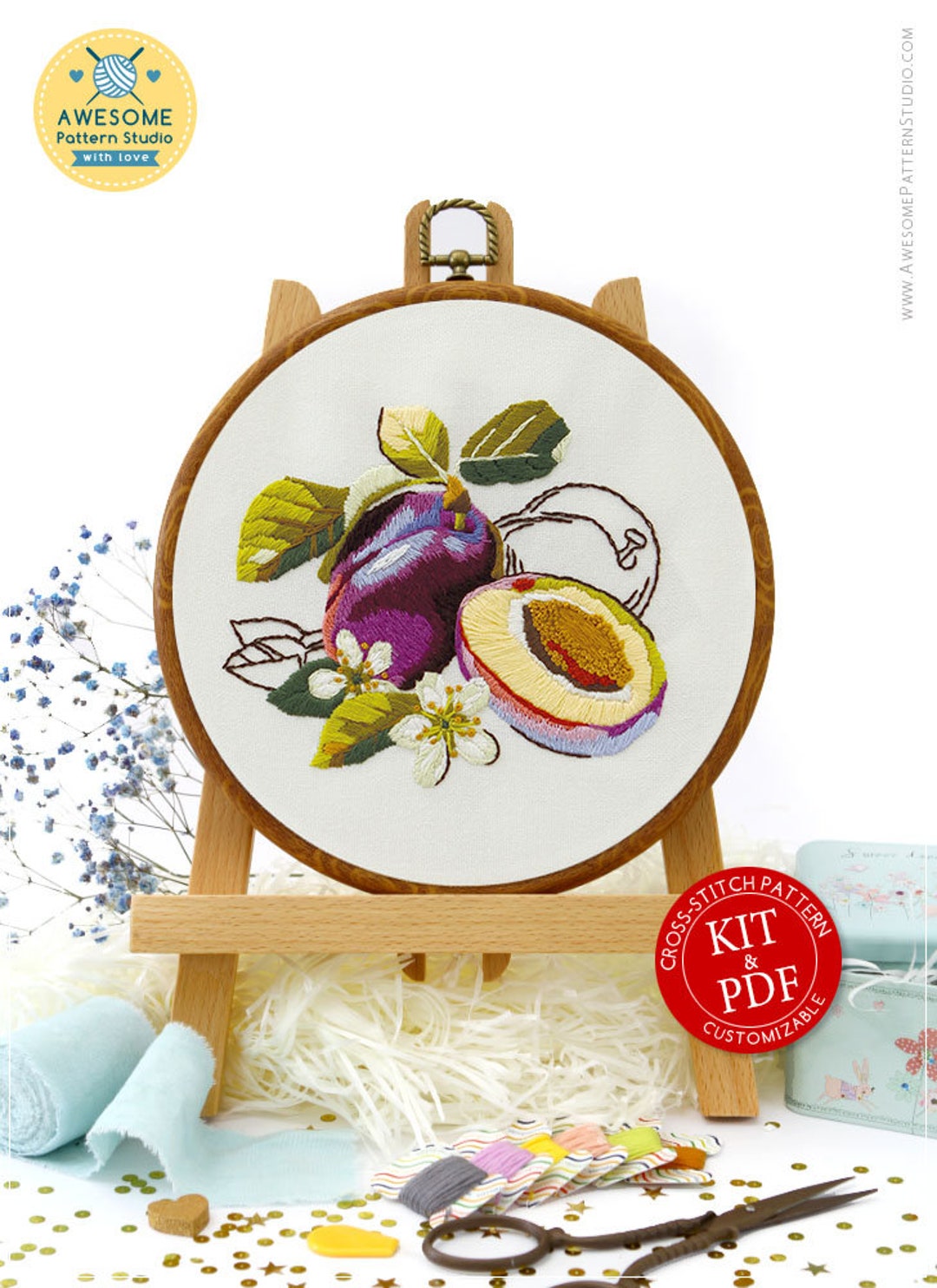 Plum Embroidery EM018, Embroidery Pattern KIT and PDF | Embroidery Kit ...