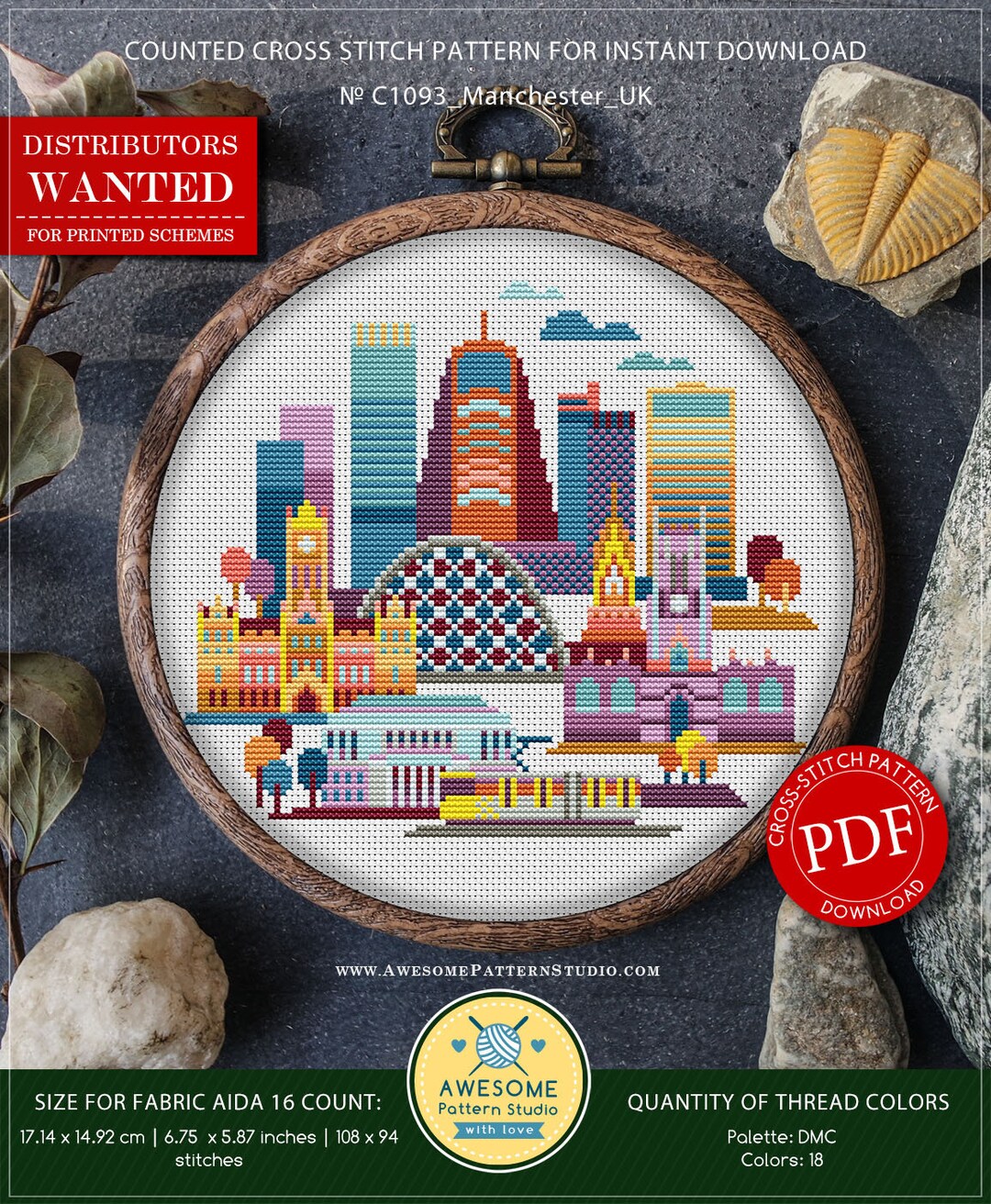 Manchester, United Kingdom #P1093 Cross Stitch Pattern Embroidery PDF ...