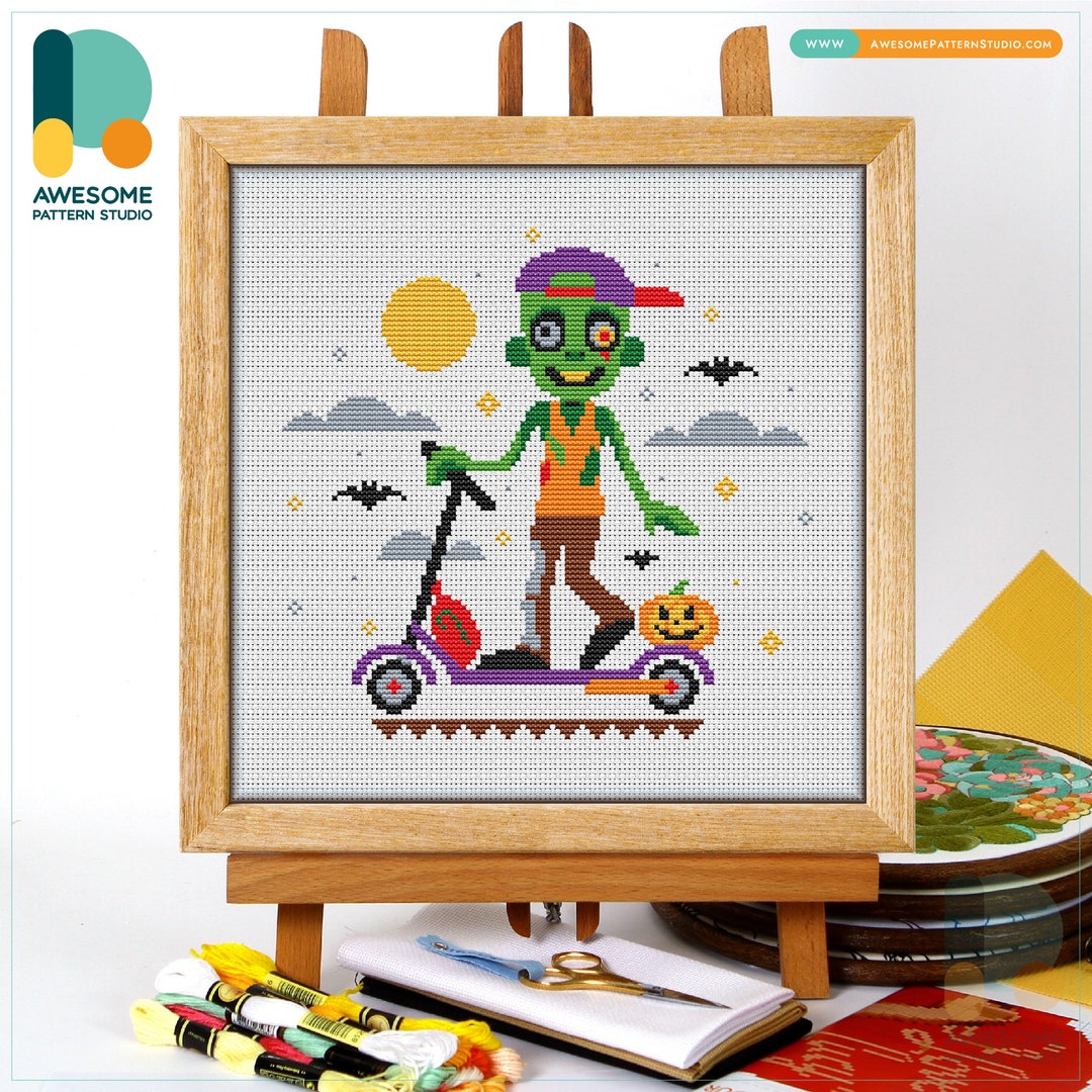 Zombie on Scooter CS2391, Counted Cross Stitch Pattern KIT and PDF ...