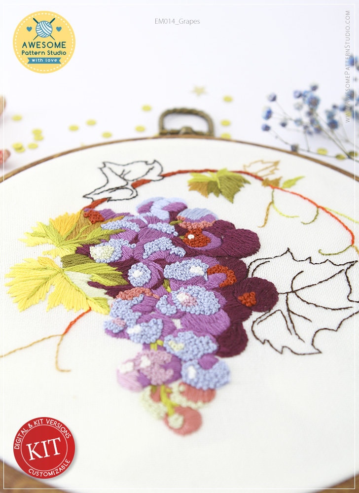 Grapes Embroidery EM014 Embroidery Pattern KIT and PDF Hand - Etsy