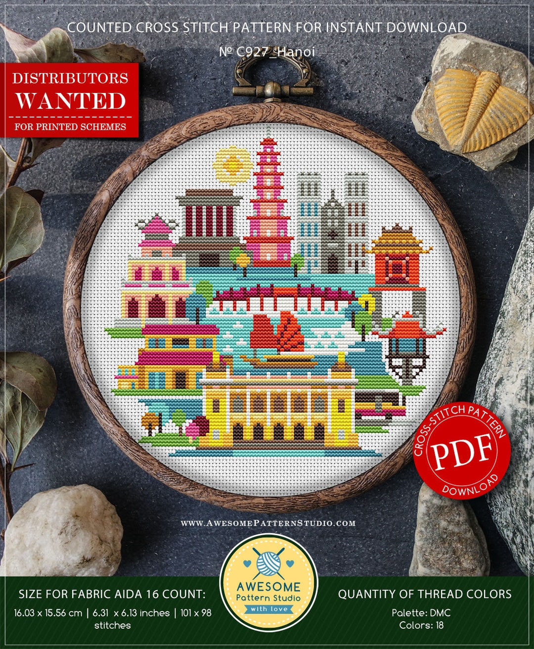 Hanoi, Vietnam #P927 Cross Stitch Pattern Cross Stitch Embroidery ...