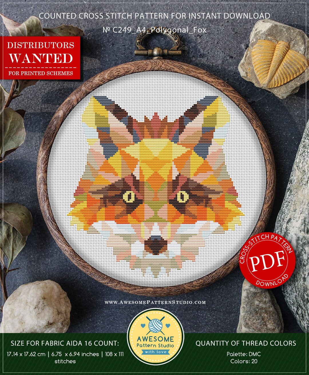 A4 Polygonal Fox #P249 Cross Stitch Embroidery PDF Pattern Download ...