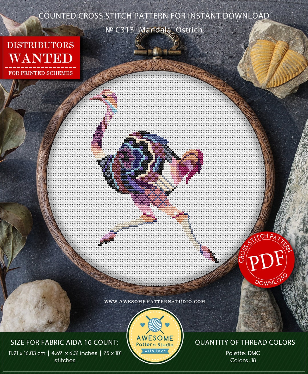 Mandala Ostrich #P313 Cross Stitch Embroidery PDF Pattern Download ...