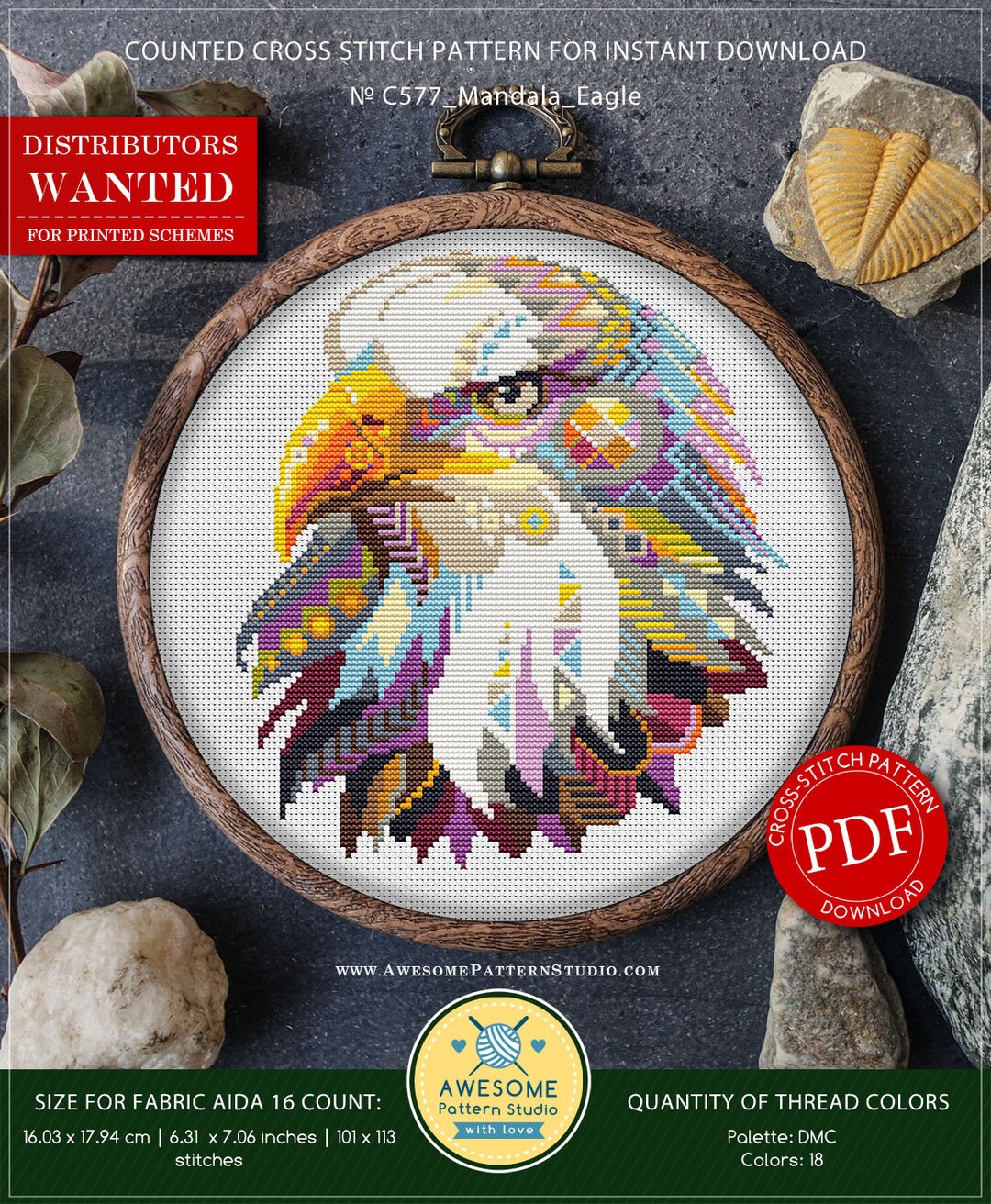 Mandala Eagle #P577 Cross Stitch Embroidery Pattern Download | Cross ...