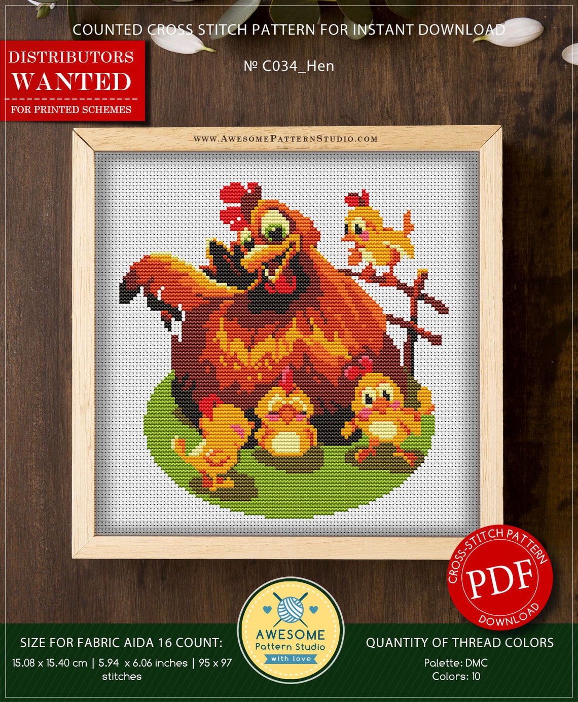 Hen P034 Cross Stitch Embroidery Pattern Download Cross | Etsy