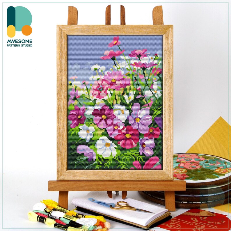 Cosmos and Dianthus Flowers Cross Stitch Kit and Pattern: Modern Cross ...