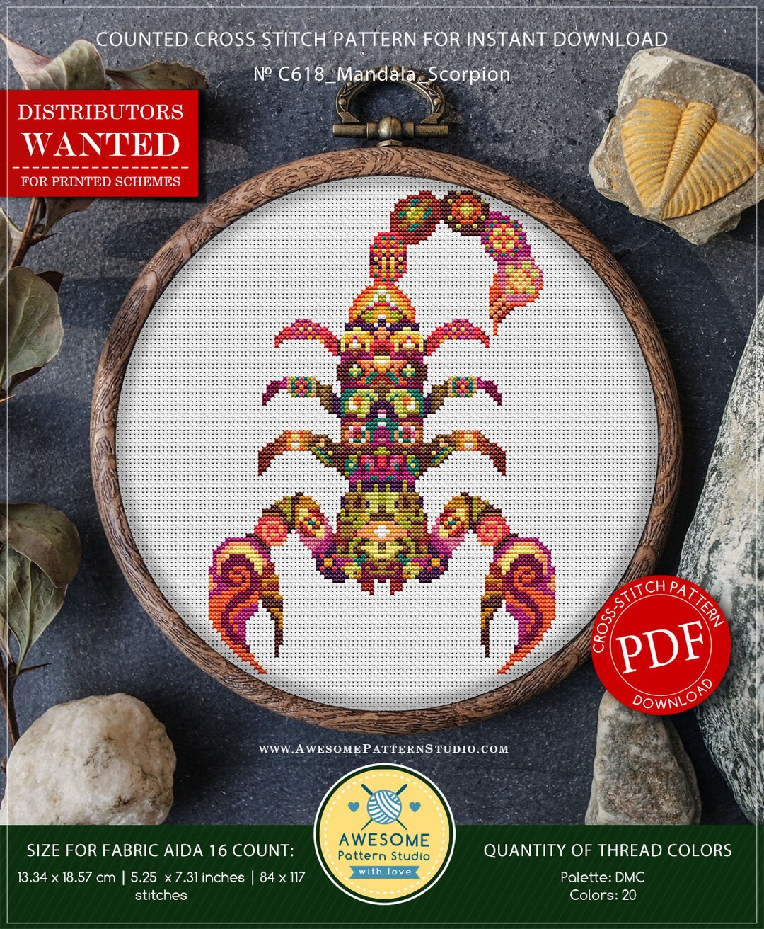 Mandala Scorpion #P618 Embroidery Cross Stitch Pattern Instant Download ...