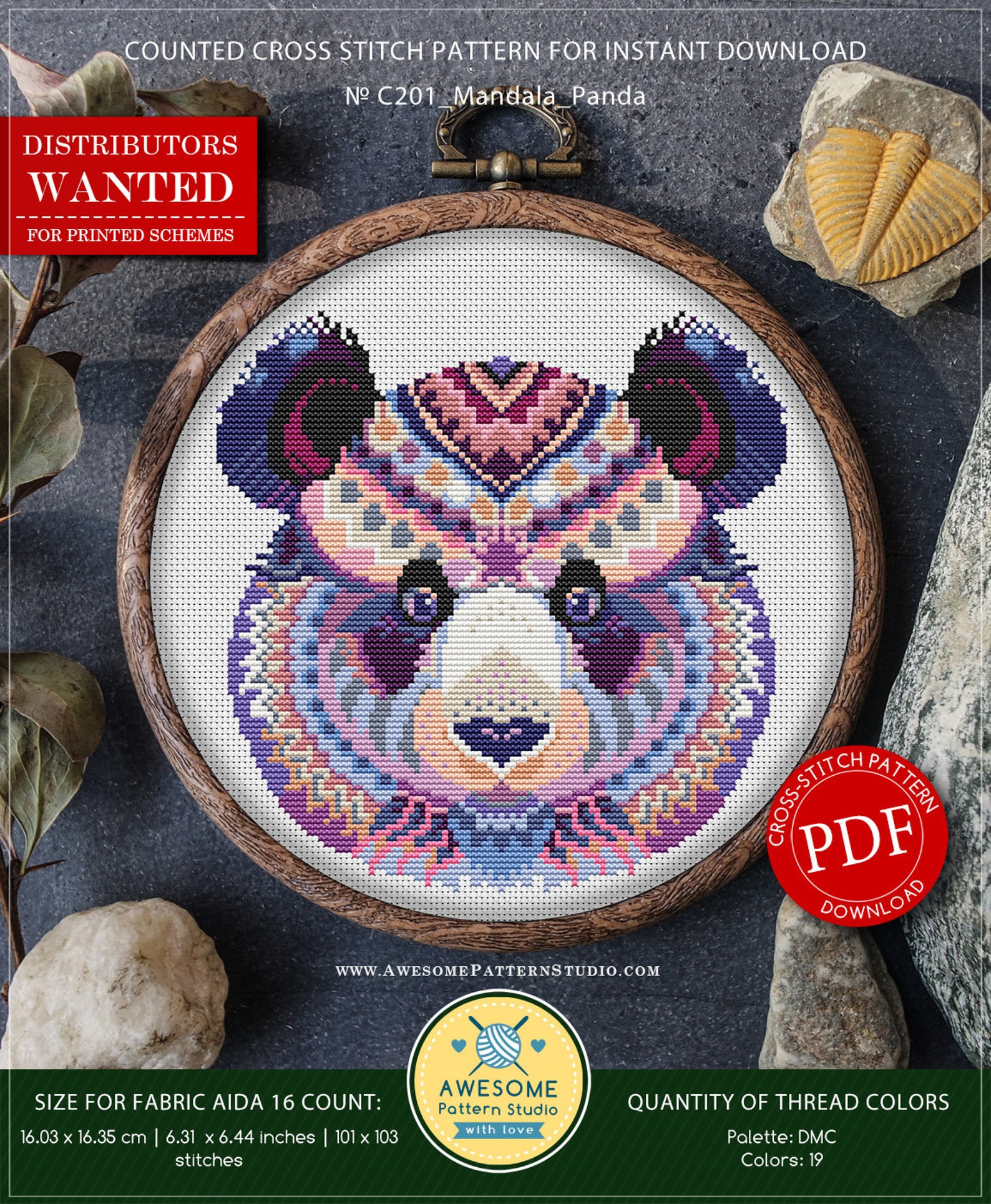 Mandala Panda #P201 Cross Stitch Embroidery Pattern Instant Download ...