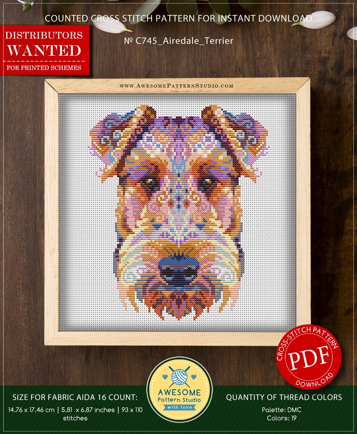 Airedale Terrier #P745 PDF Cross Stitch Pattern Cross Stitch Embroidery ...