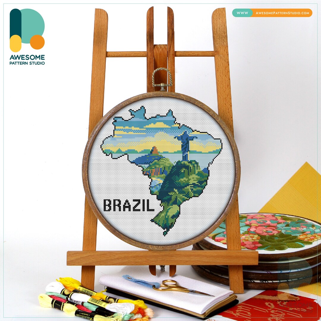 Rio De Janeiro Map, Brazil Cross Stitch Pattern and Kit - Modern ...