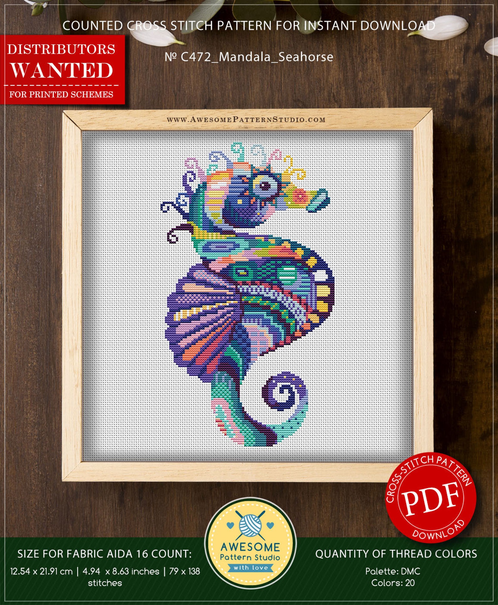 Mandala Seahorse #P472 Embroidery Cross Stitch Pattern Instant Download ...