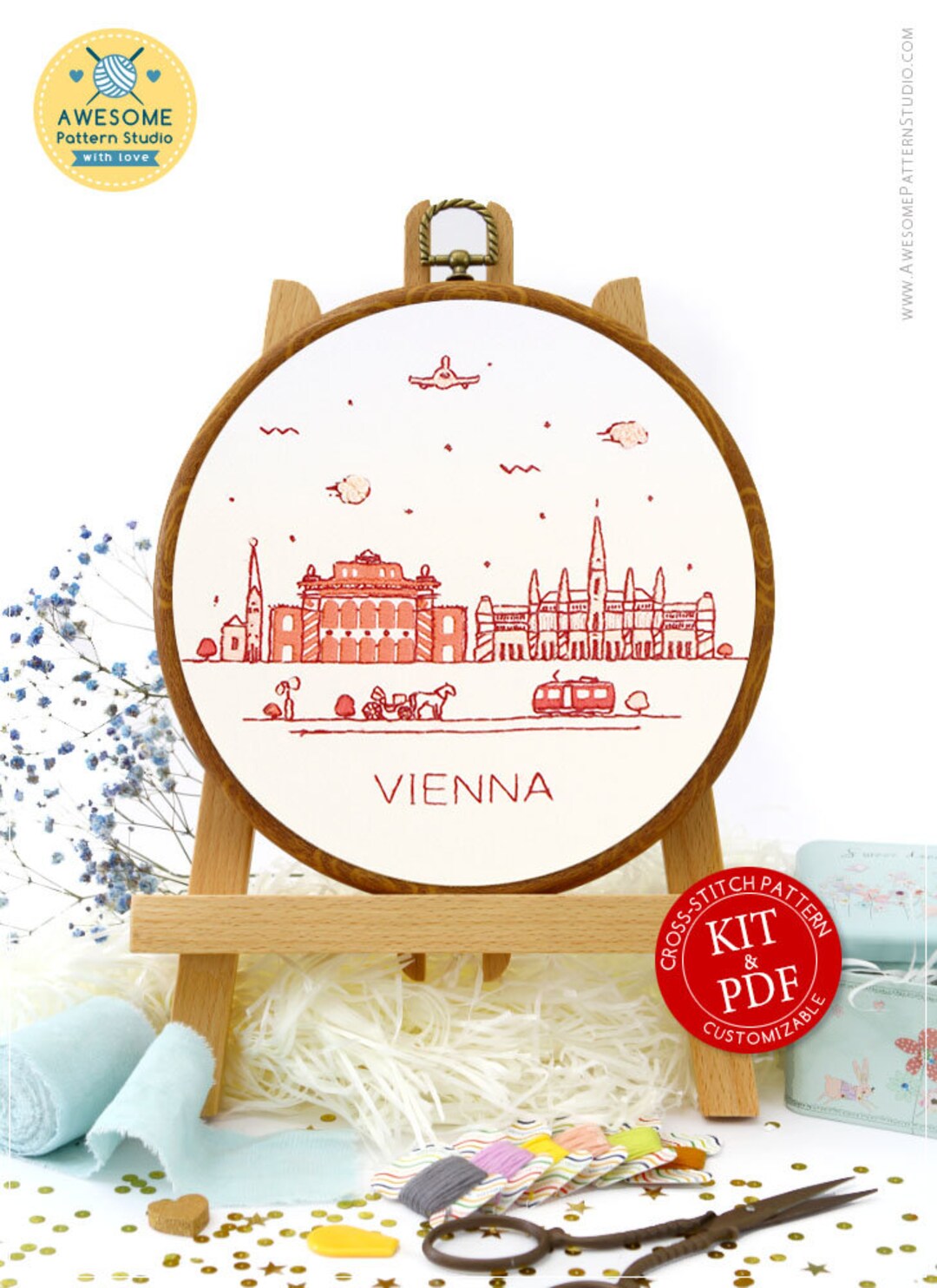 Vienna Austria Embroidery EM106, Embroidery Pattern KIT and PDF | Retro ...