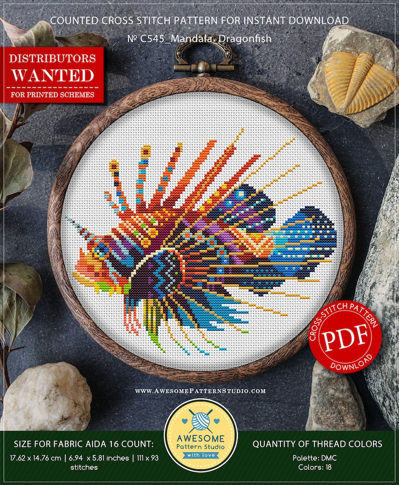 Mandala Dragonfish #P545 Embroidery Cross Stitch Pattern Instant ...