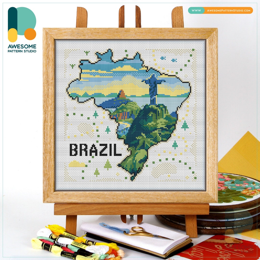 Rio De Janeiro Map, Brazil Cross Stitch Pattern and Kit: Modern ...