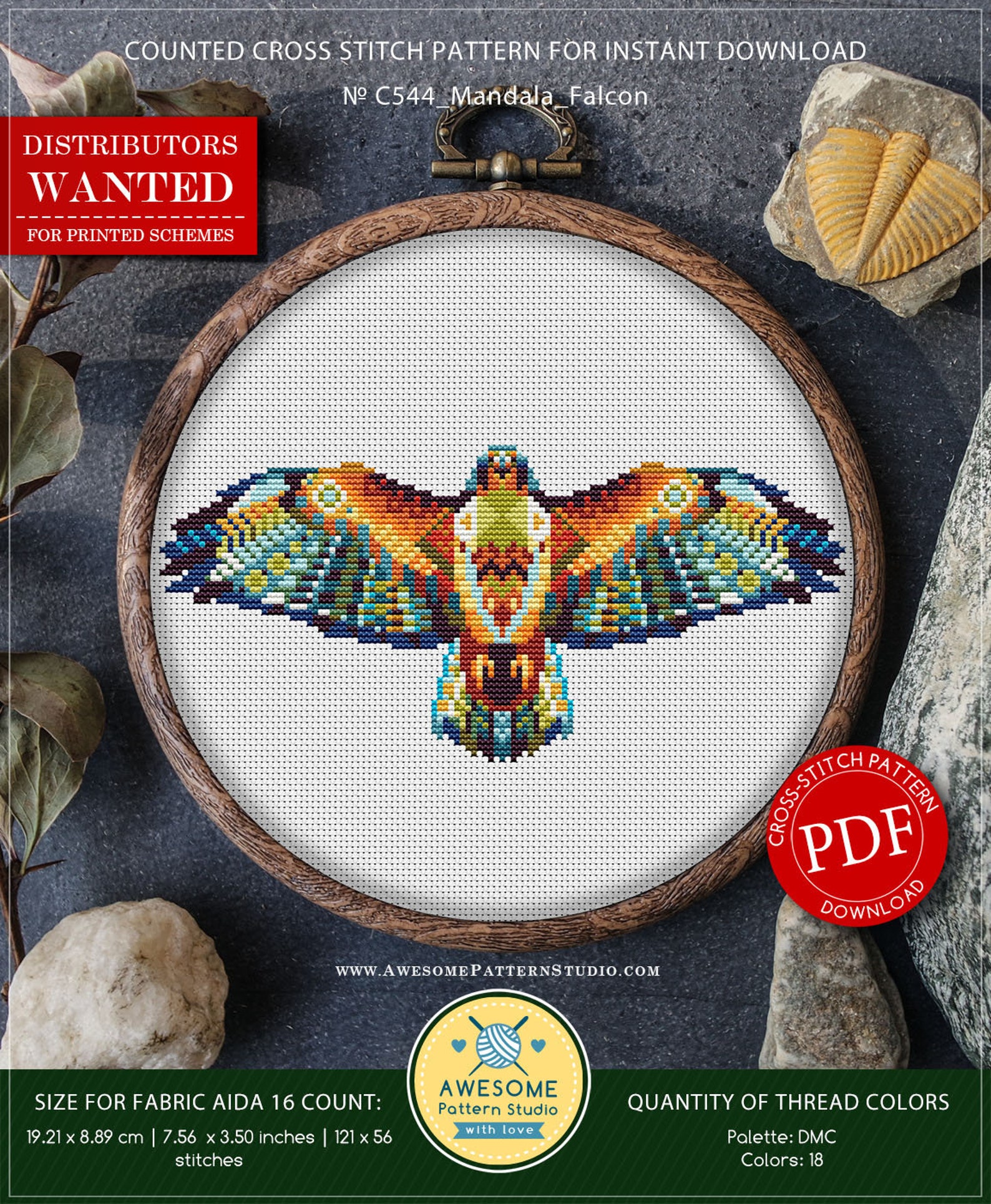 Mandala Falcon #P544 Embroidery Cross Stitch Pattern Instant Download ...