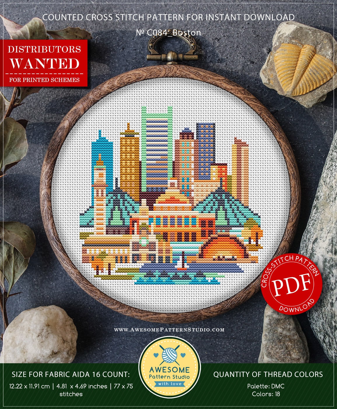 Boston #P084 Cross Stitch Embroidery PDF Pattern Download | Cross ...