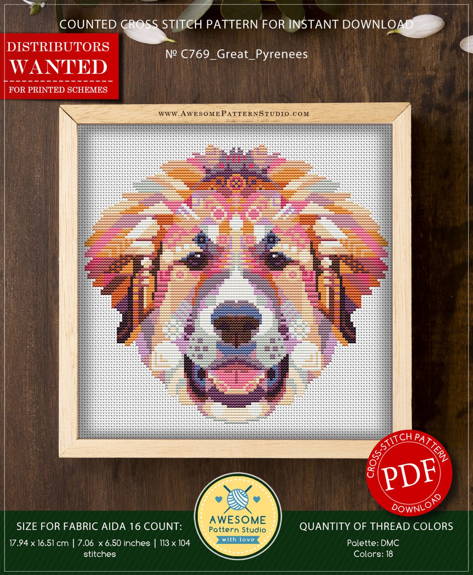 Great Pyrenees Dog #P769 Cross Stitch Pattern Cross Stitch Pattern ...