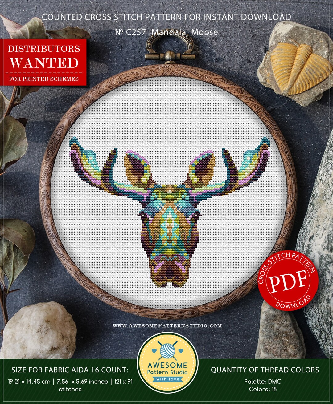 Mandala Elk #P257 Cross Stitch Embroidery Pattern Download | Cross ...