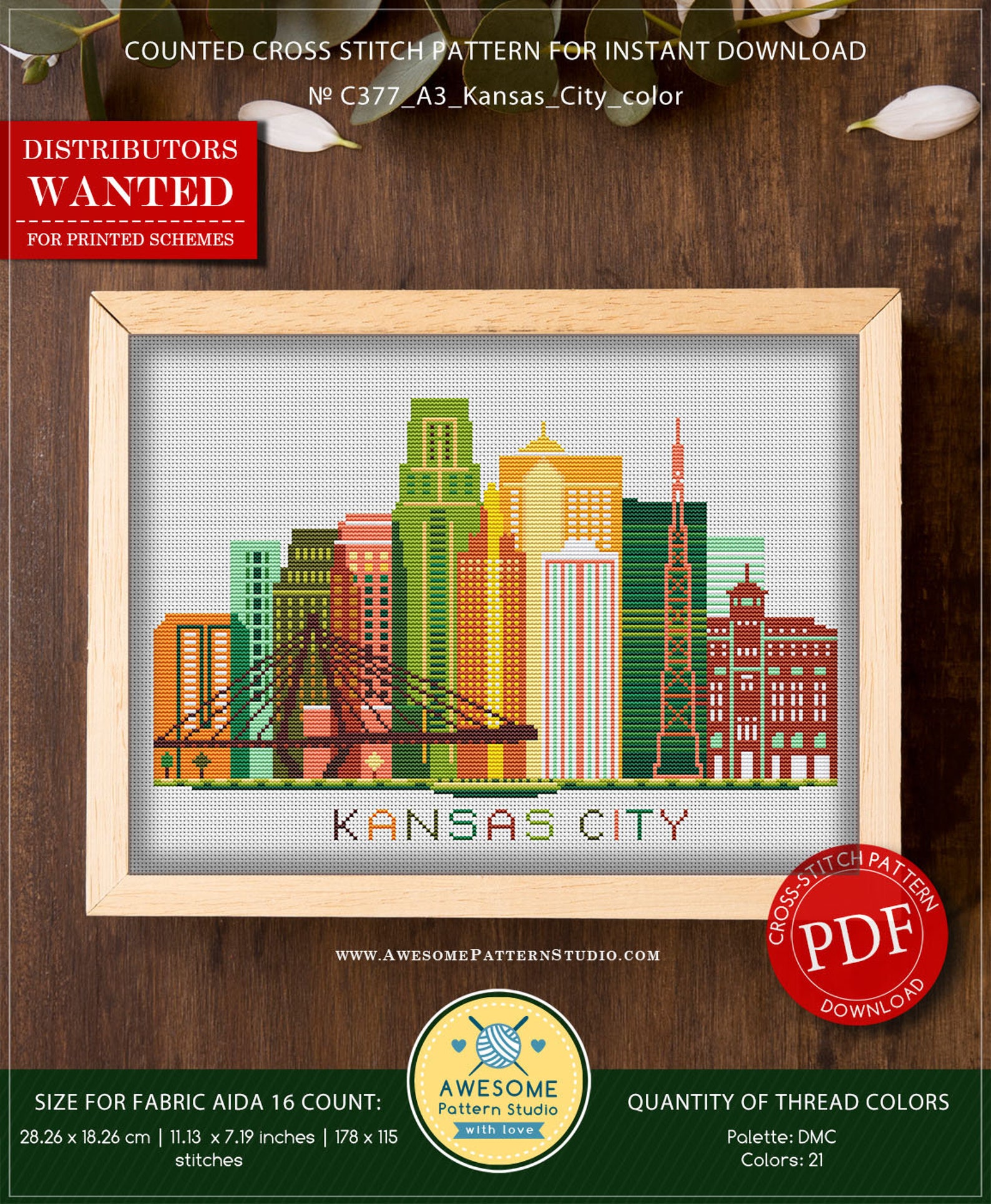 A3 Kansas City Color P377 Embroidery Cross Stitch Pattern | Etsy
