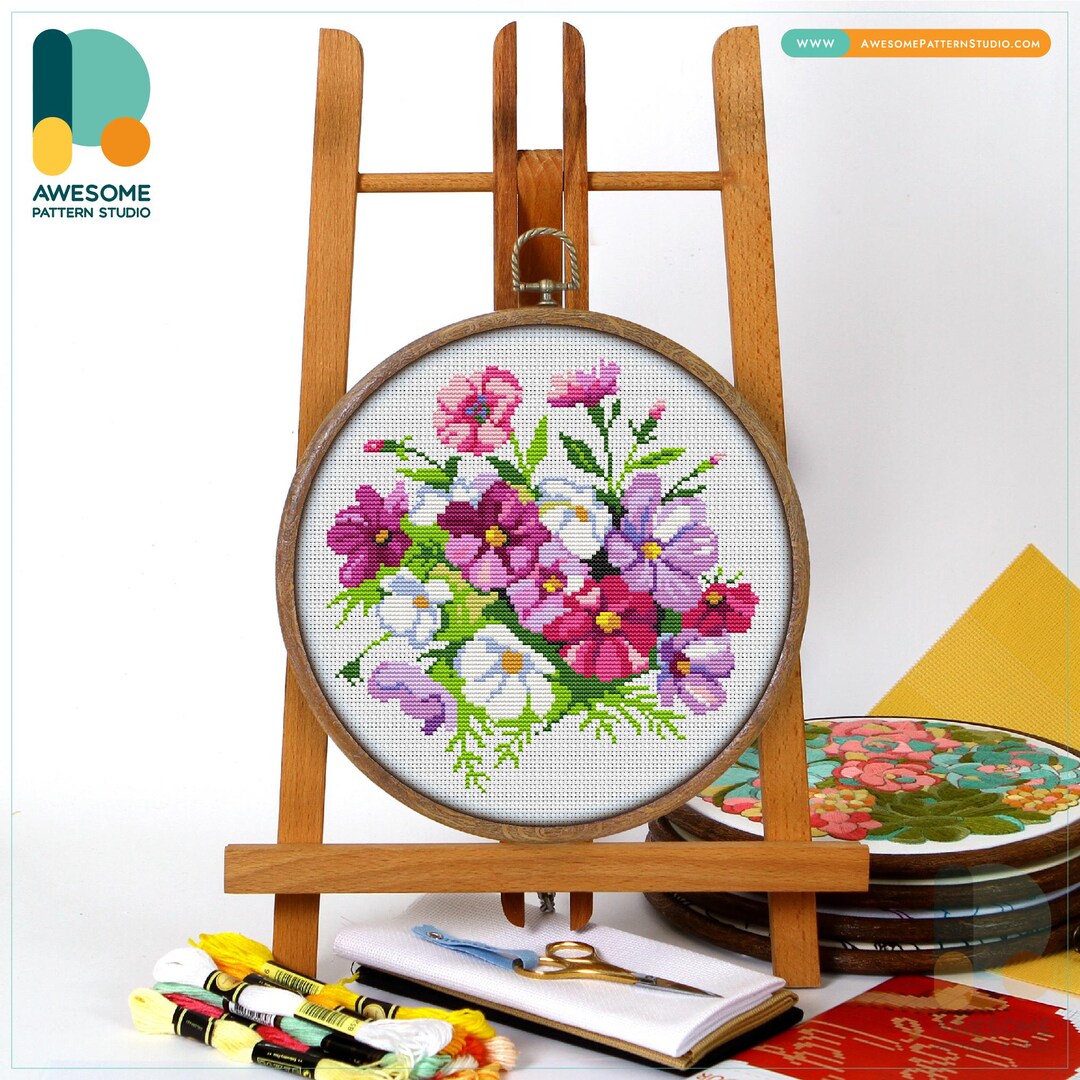 Cosmos and Dianthus Flowers Cross Stitch Kit and Pattern: Modern Cross ...
