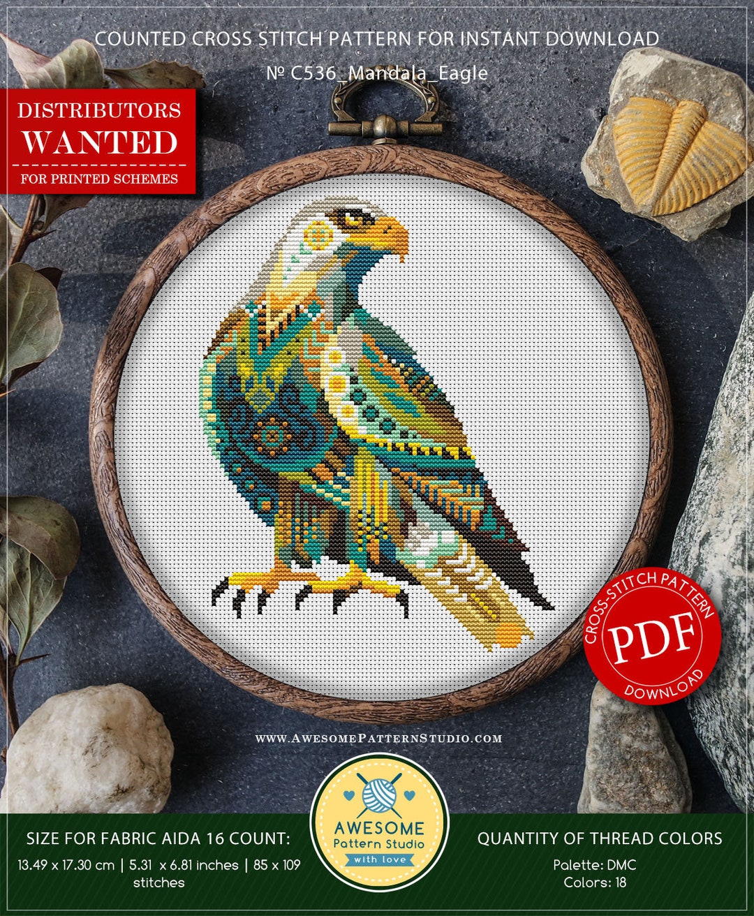 Mandala Eagle #P536 Cross Stitch Embroidery PDF Pattern Download ...