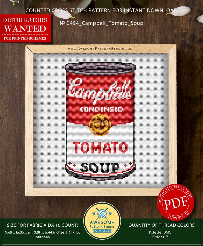 Campbell Tomato Soup P494 Embroidery Cross Stitch PDF Pattern - Etsy