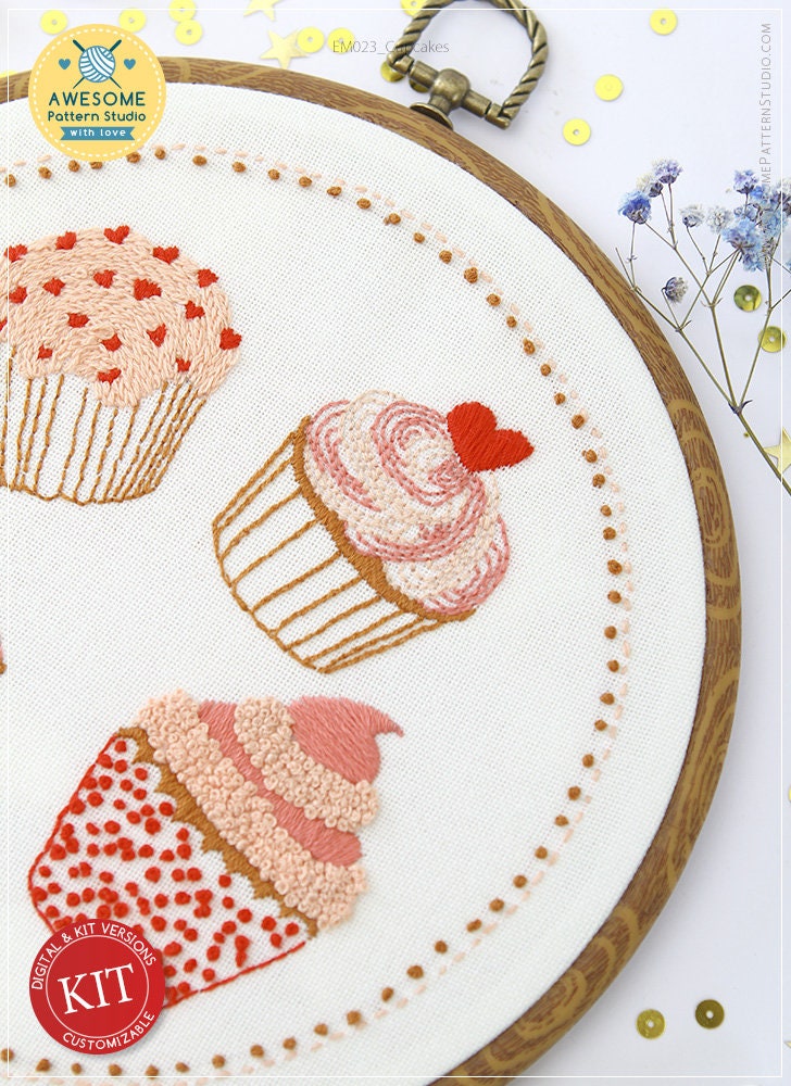 Cupcakes Embroidery EM023 Embroidery Pattern KIT and PDF | Etsy